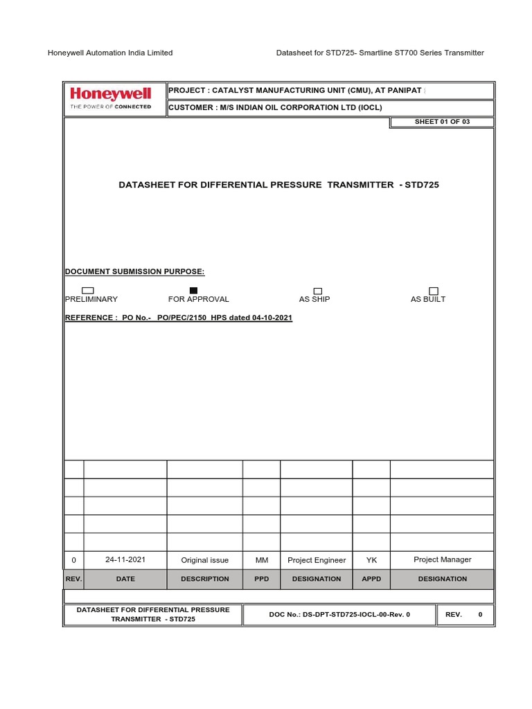 Datasheet For Differential Pressure Transmitter - Std725: Sheet 01 of ...