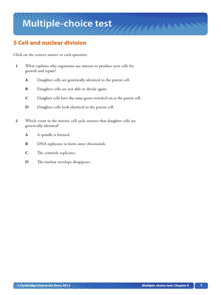 Multiple-Choice Test: 5 Cell and Nuclear Division | PDF | Meiosis | Mitosis