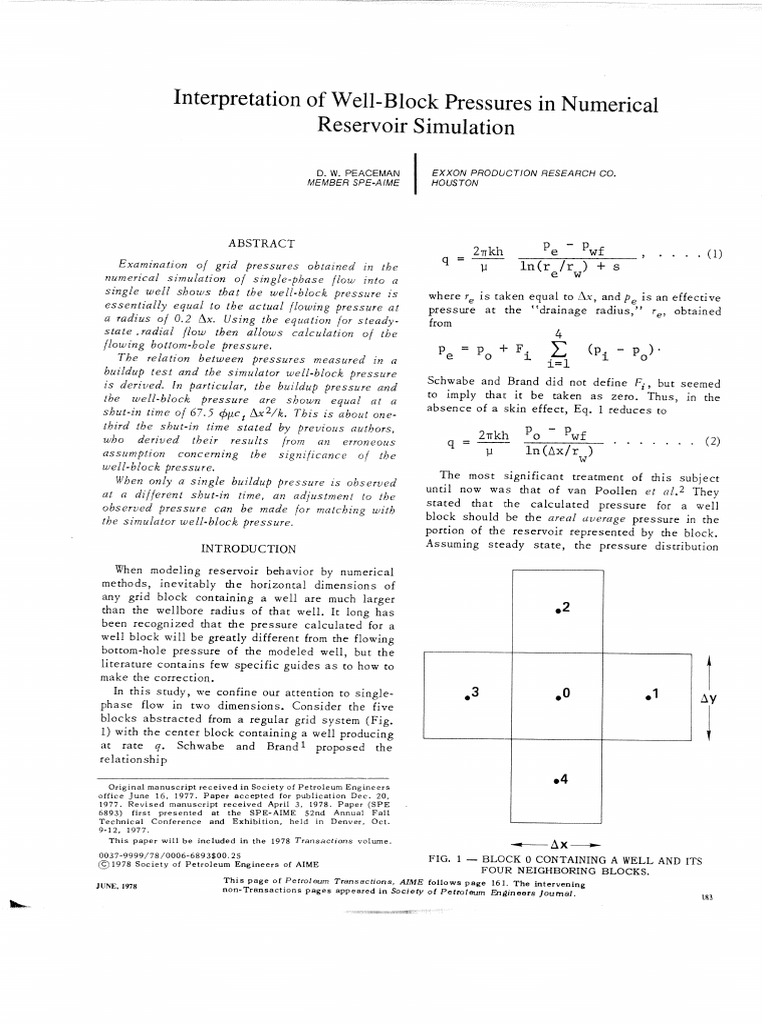 SPE006893 Well-Block Pressures in Simulation - Peaceman | PDF