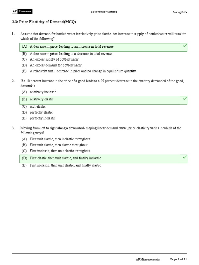2.3: Price Elasticity of Demand (MCQ) : Ap Microeconomics Scoring Guide ...