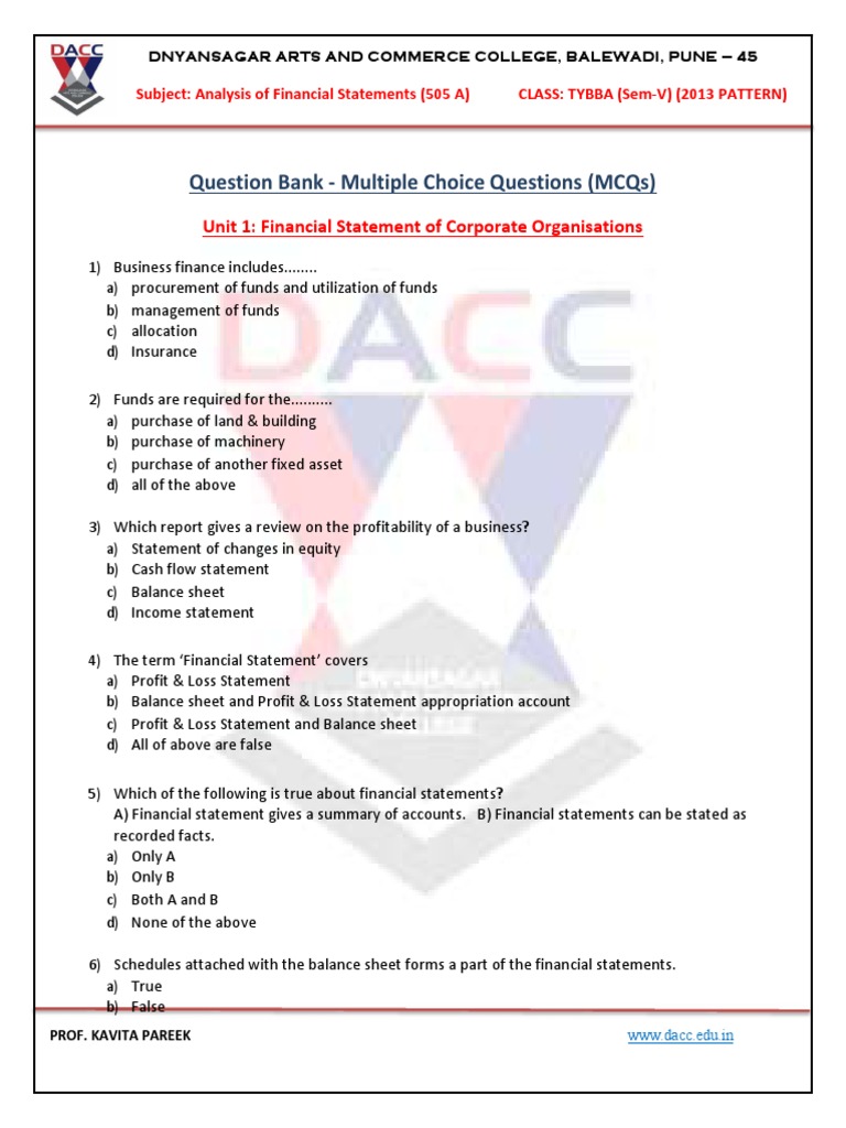 Question Bank - Multiple Choice Questions (MCQS) : Unit 1: Financial ...