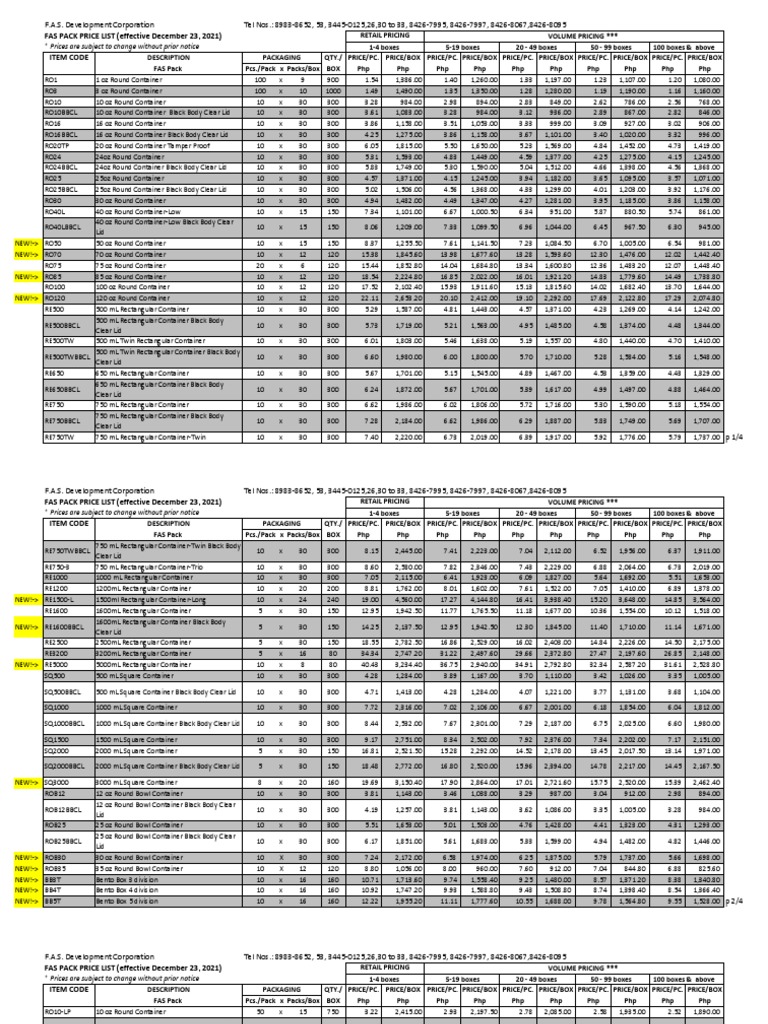 FAS PACK PRICE LIST (Effective December 23, 2021) Item Code | PDF
