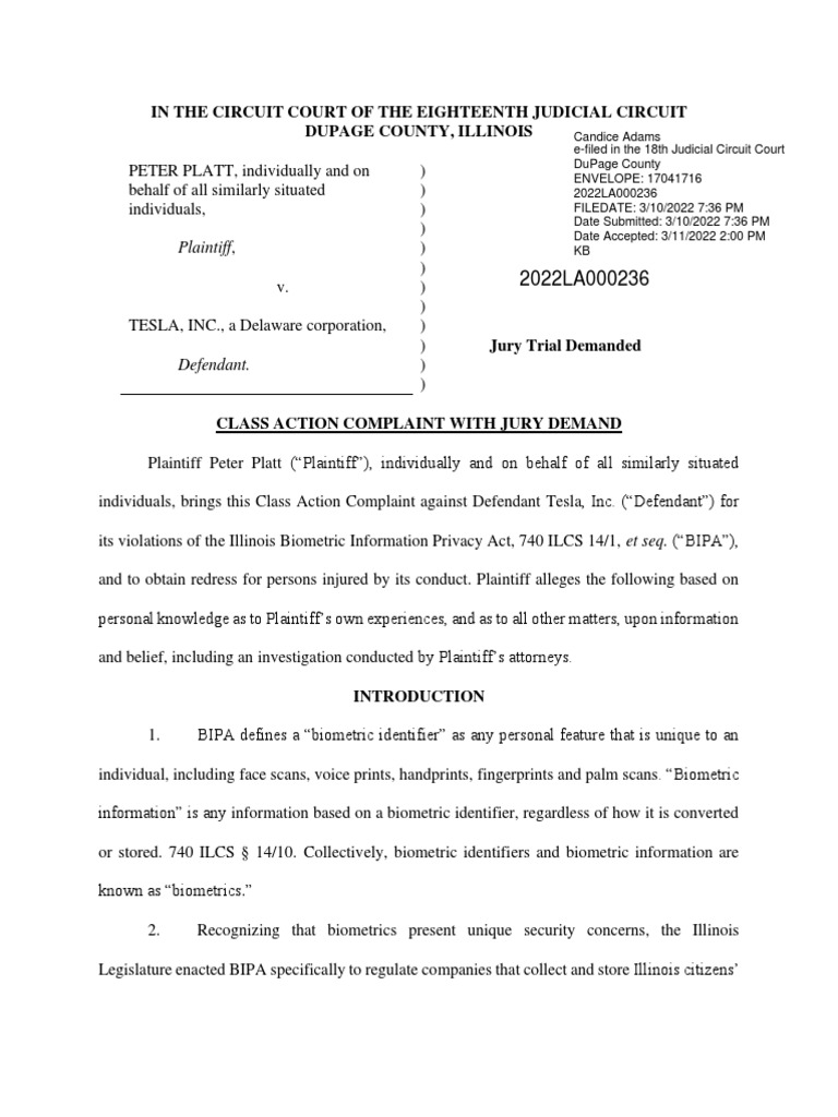 Tesla Cabin Camera Lawsuit | PDF | Biometrics | Class Action