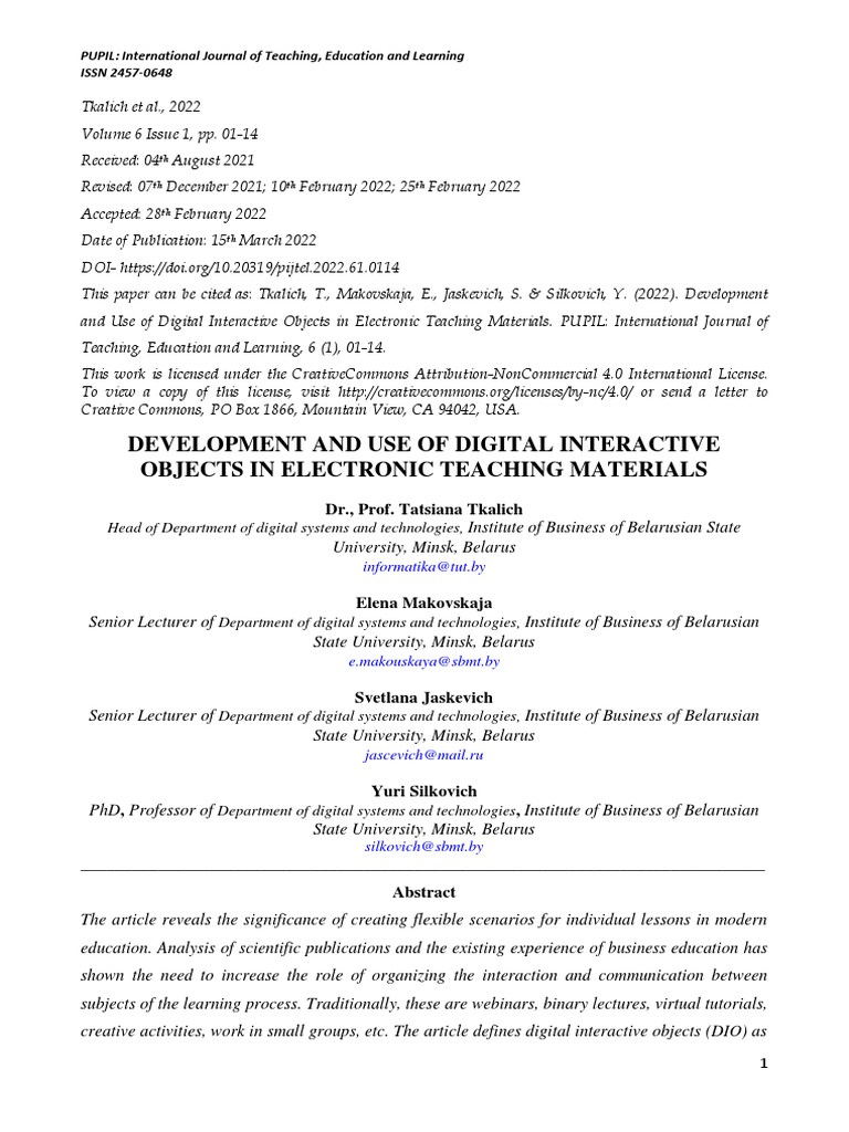 Development and Use of Digital Interactive Objects in Electronic ...