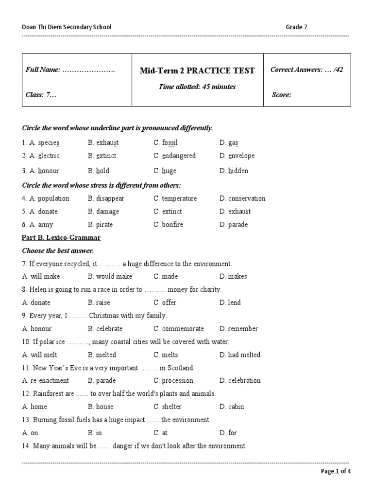 Mid-Term 2 Practice Test: Full Name: . Class: 7 Time Allotted: 45 ...