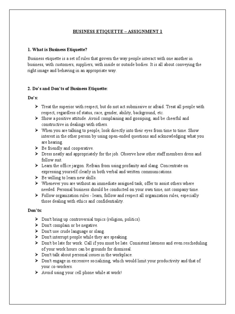 Business Etiquette - Assignment 1 1. What Is Business Etiquette? | PDF ...