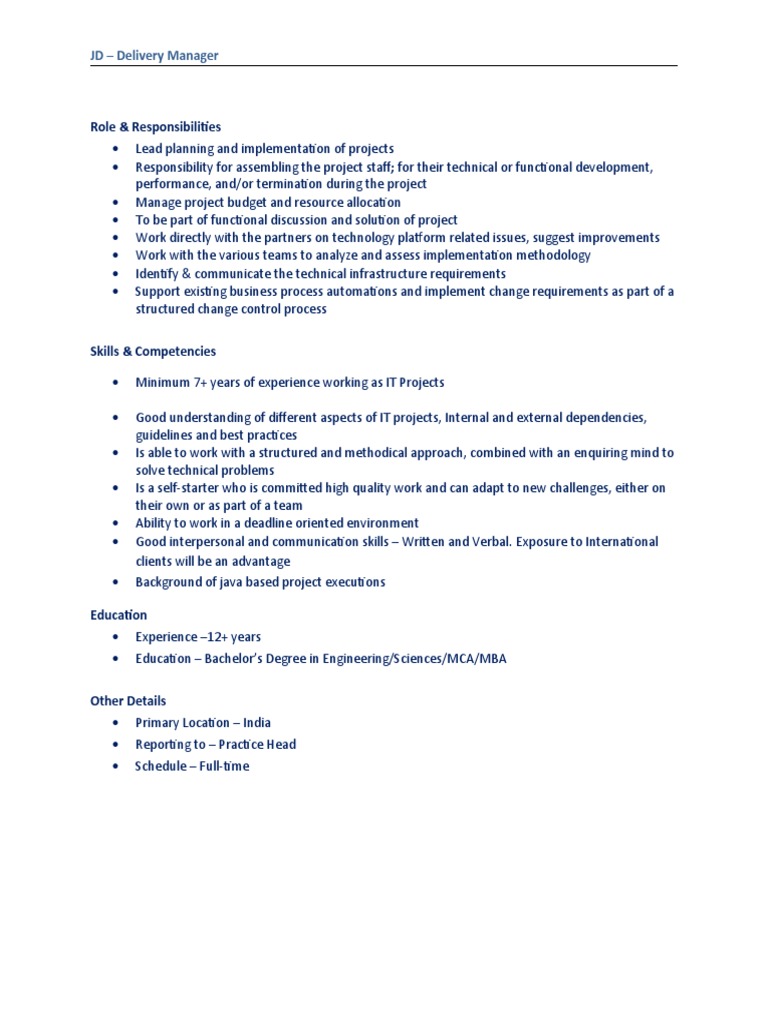 JD - Delivery Manager | PDF