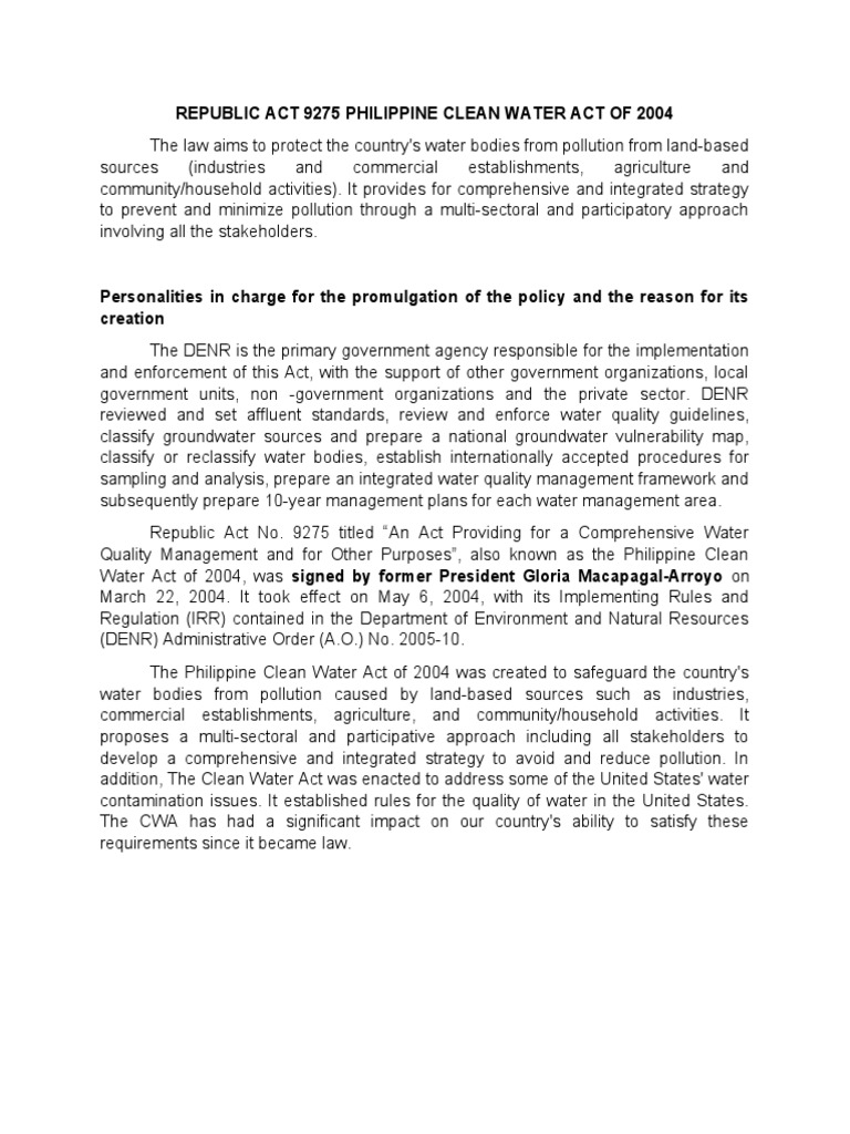 Republic Act 9275 Philippine Clean Water Act of 2004 | PDF | Water ...