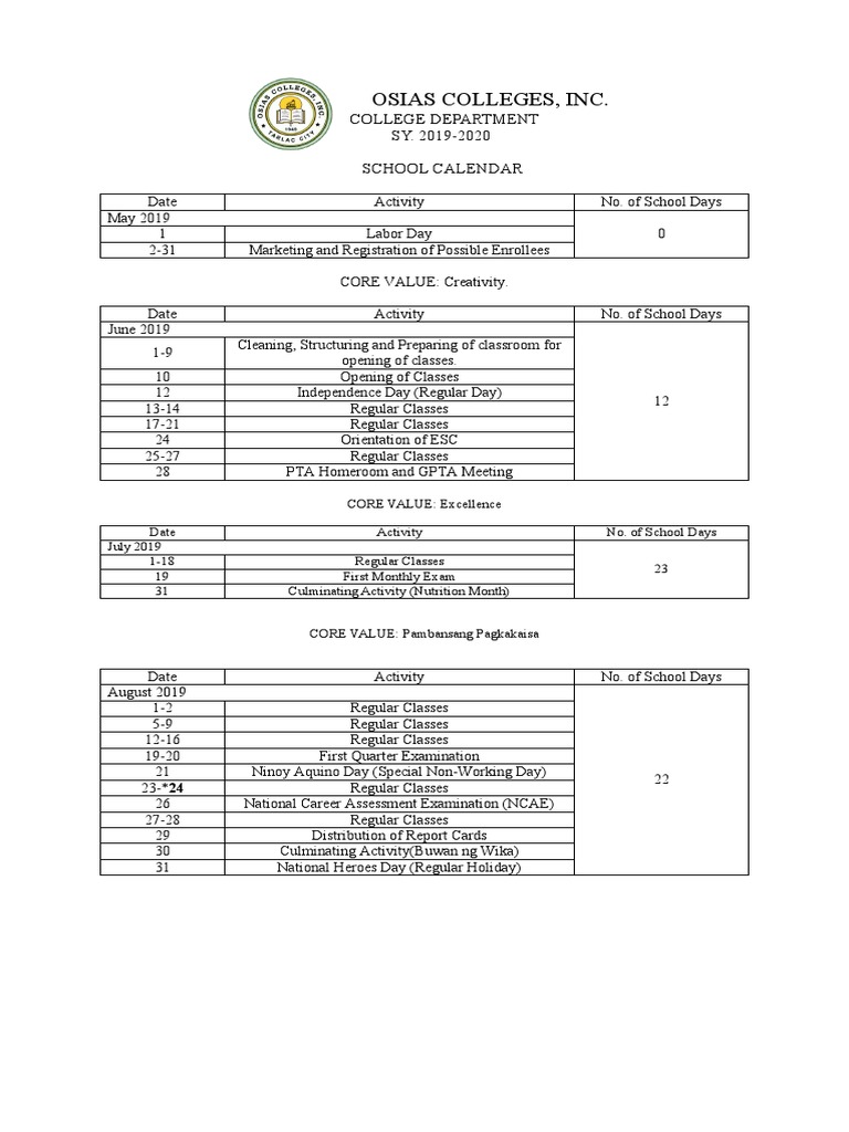 Osias Colleges, Inc.: College Department SY. 2019-2020 School Calendar ...