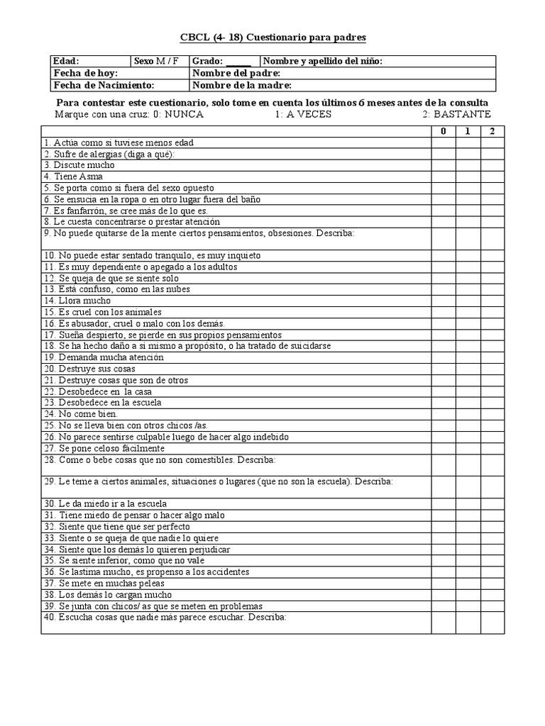 CBCL Cuestionario para Padres | PDF | Validez (Estadísticas) | Alfa de ...