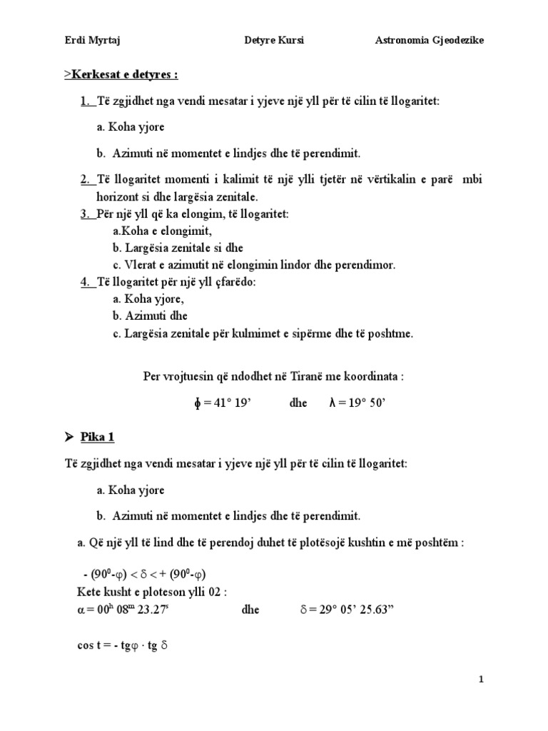 Detyre Kursi - Astronomi Gjeodezike MSC | PDF