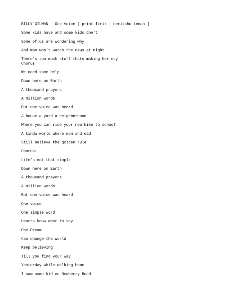 One Voice Lyrics by Billy Gilman | PDF