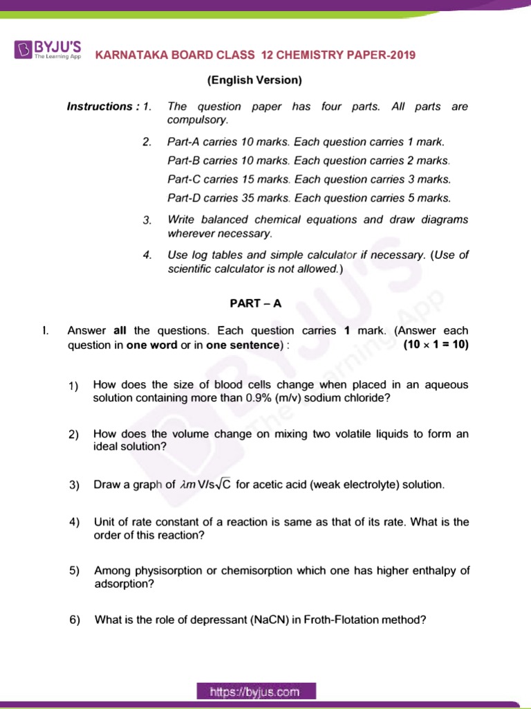 Karnataka Class 12 Chemistry Paper 2019 | PDF | Chemical Reactions ...