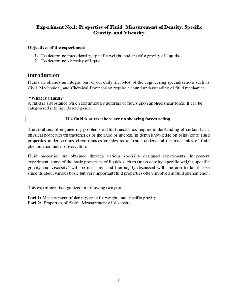 Experiment No.1: Properties of Fluid: Measurement of Density, Specific ...