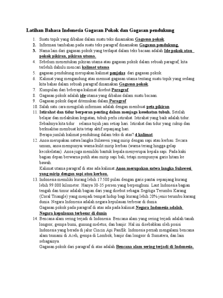 Latihan Bahasa Indonesia Gagasan Pokok Dan Gagasan Pendukung | PDF