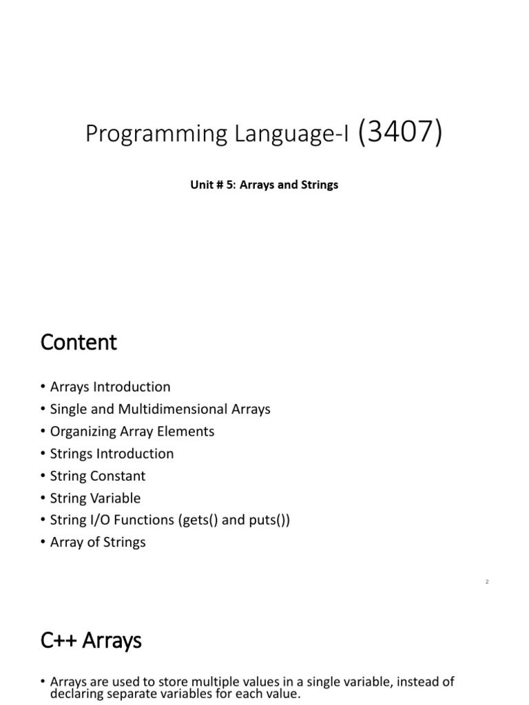 Programming Language I Unit 5 Arrays And Strings Pdf Array Data 2524