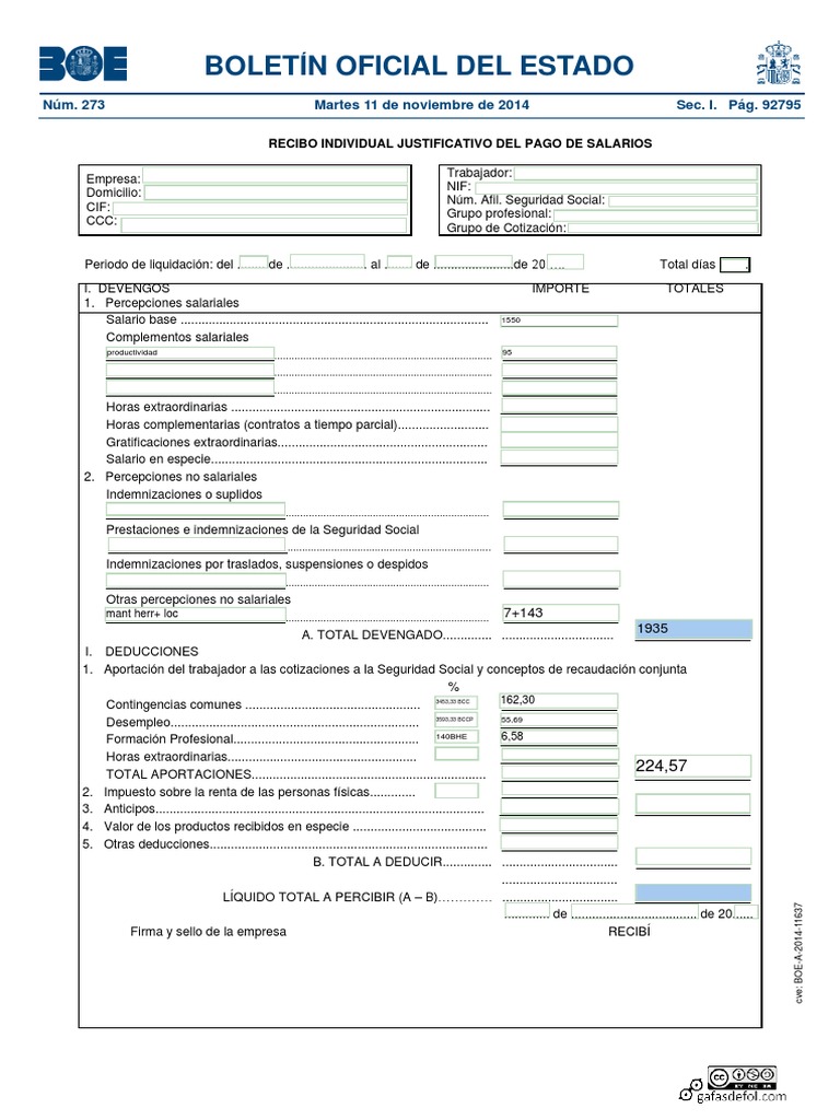 Modelo Oficial de Nomina Boe Rellenable - RTF | PDF | Salario | Compensación laboral