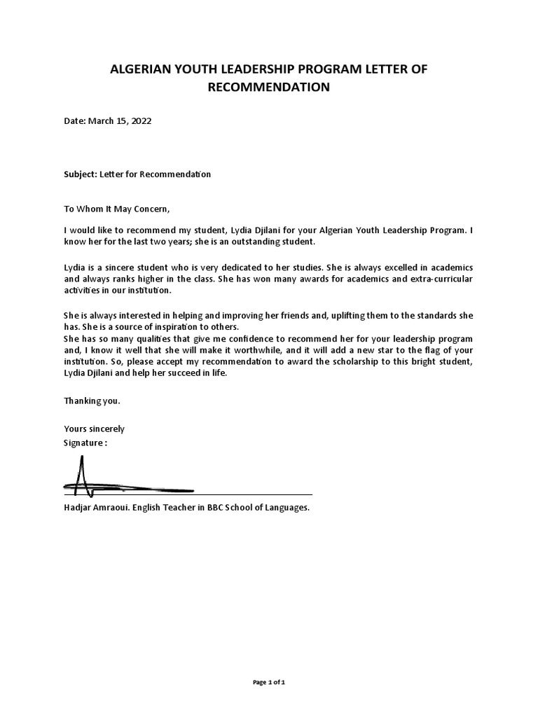 Leadership Recommendation Letter Sample | PDF