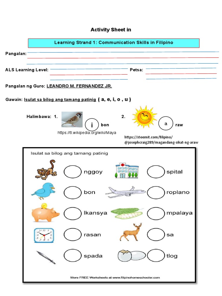 Patinig Worksheets for Grade 1 | PDF
