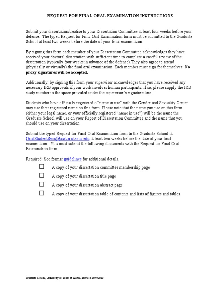 Request For Final Oral Examination Instructions: Gradstudentsvcs@Austin - Utexas.Edu | PDF | Thesis