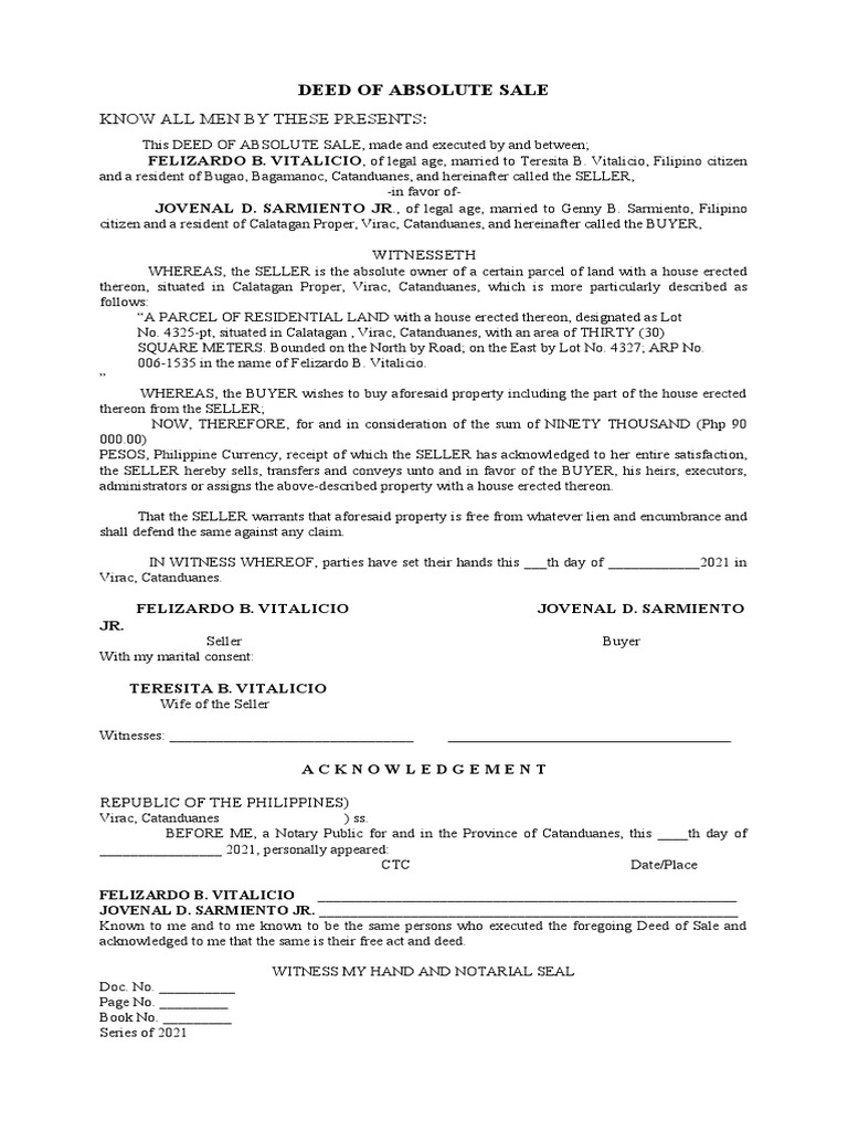 Deed of Absolute Sale | PDF | Deed | Real Estate