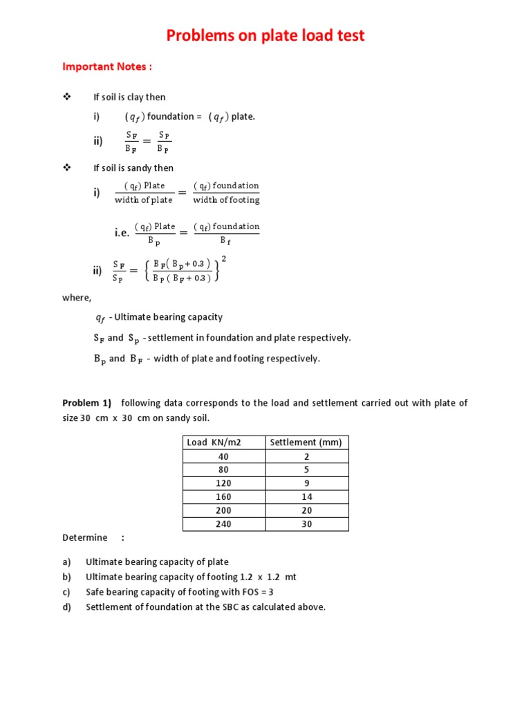 Plate Load Test Calculations and Problems | PDF | Soil Science | Earth ...