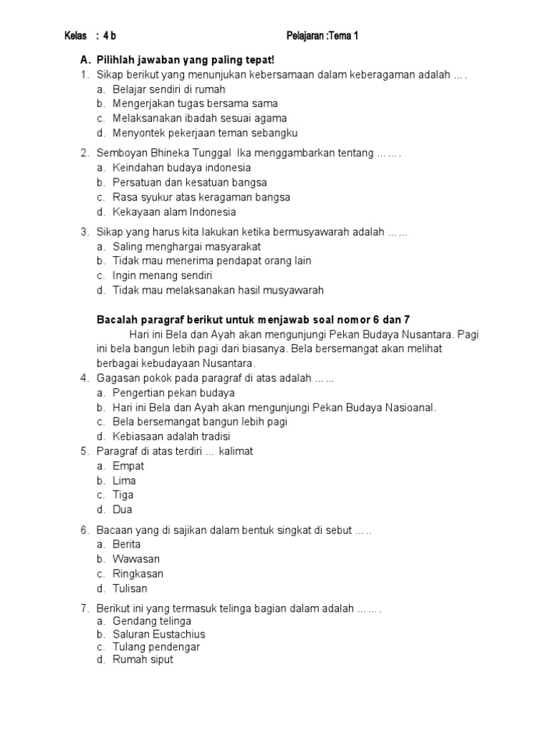 Soal Tema 1 Kelas 4B | PDF | Seni & Disiplin Bahasa