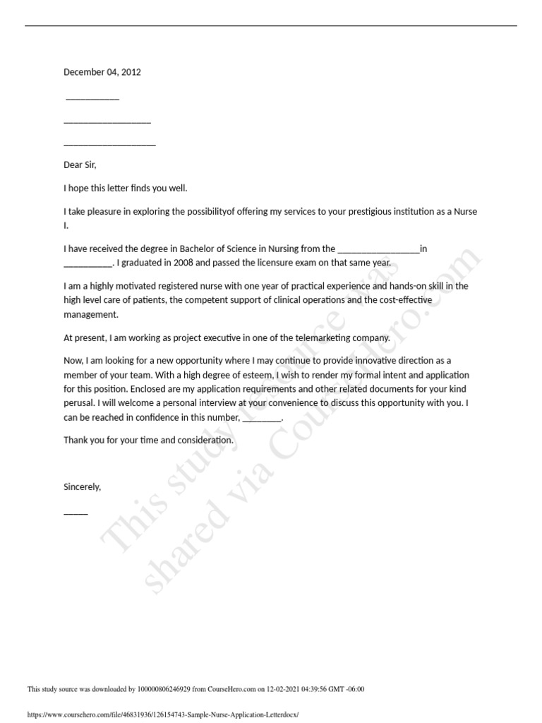 Sample Nurse Application Letter | PDF | Nursing | Medicine
