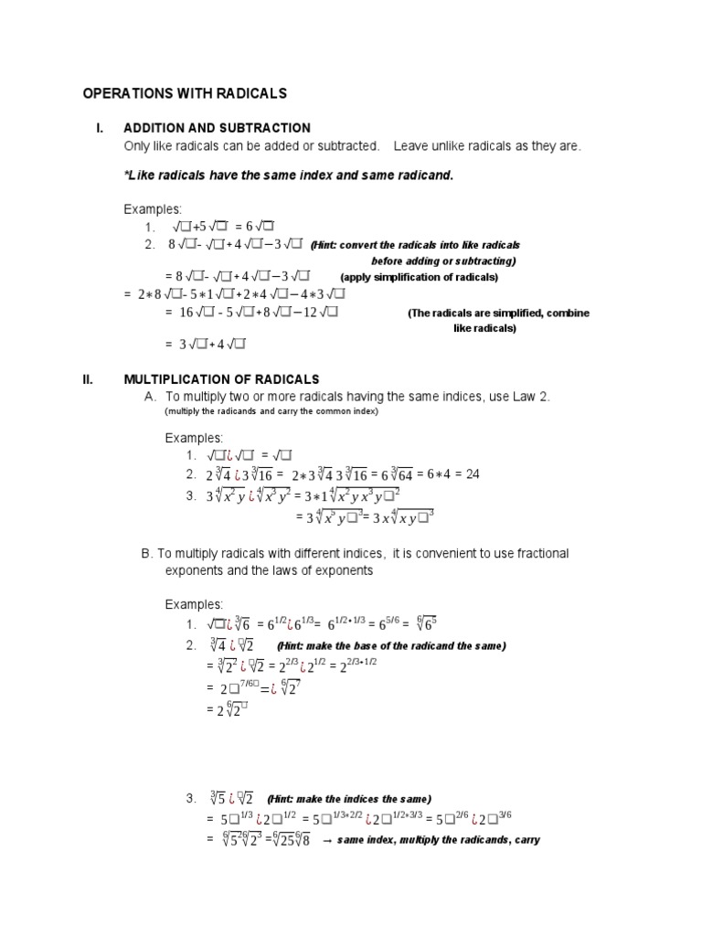 Operations with Radicals Explained | PDF | Multiplication | Square Root