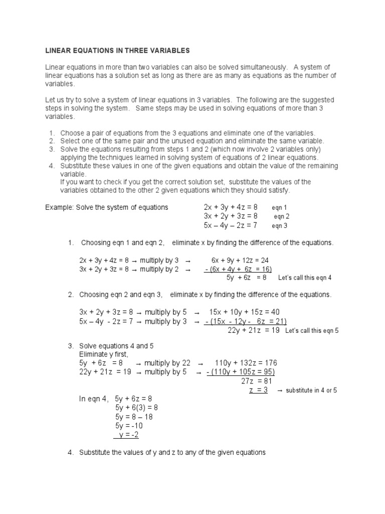 Simultaneous Linear Equations in Three Variables | PDF | Equations ...