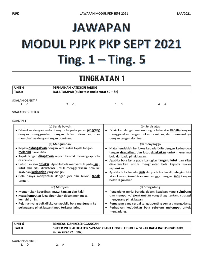 Jawapan PJPK Modul PKP Sept 2021 T1-T5 | PDF