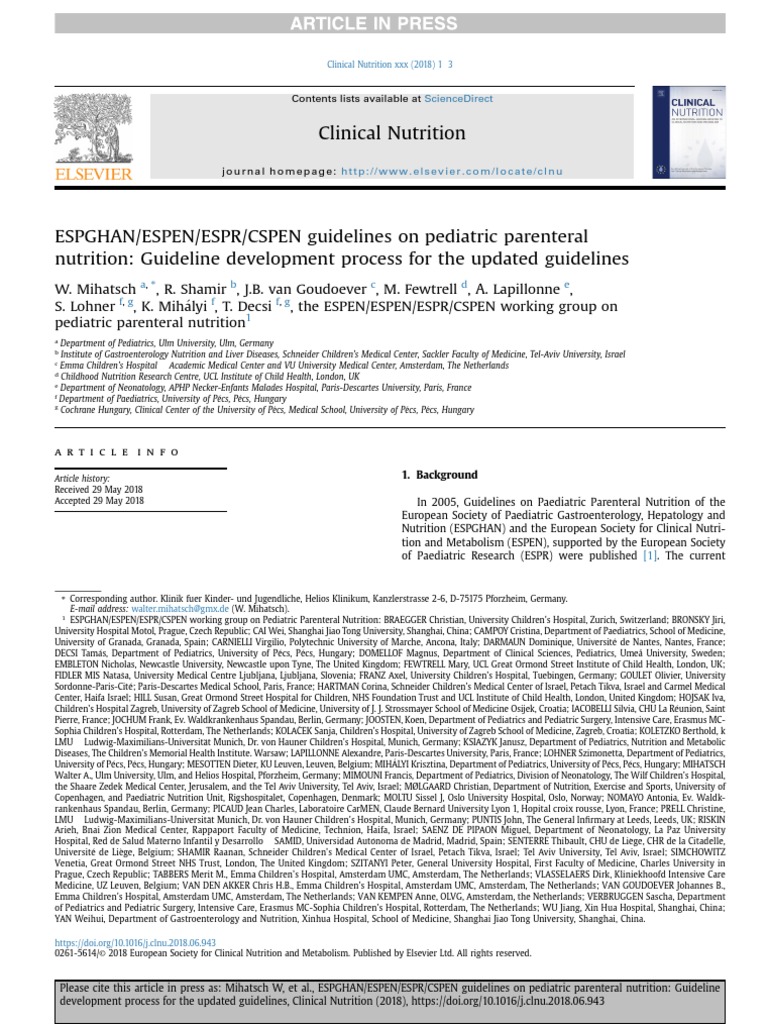 ESPGHAN ESPEN ESPR CSPEN Guidelines On Pediatric Parenteral Nutrition ...