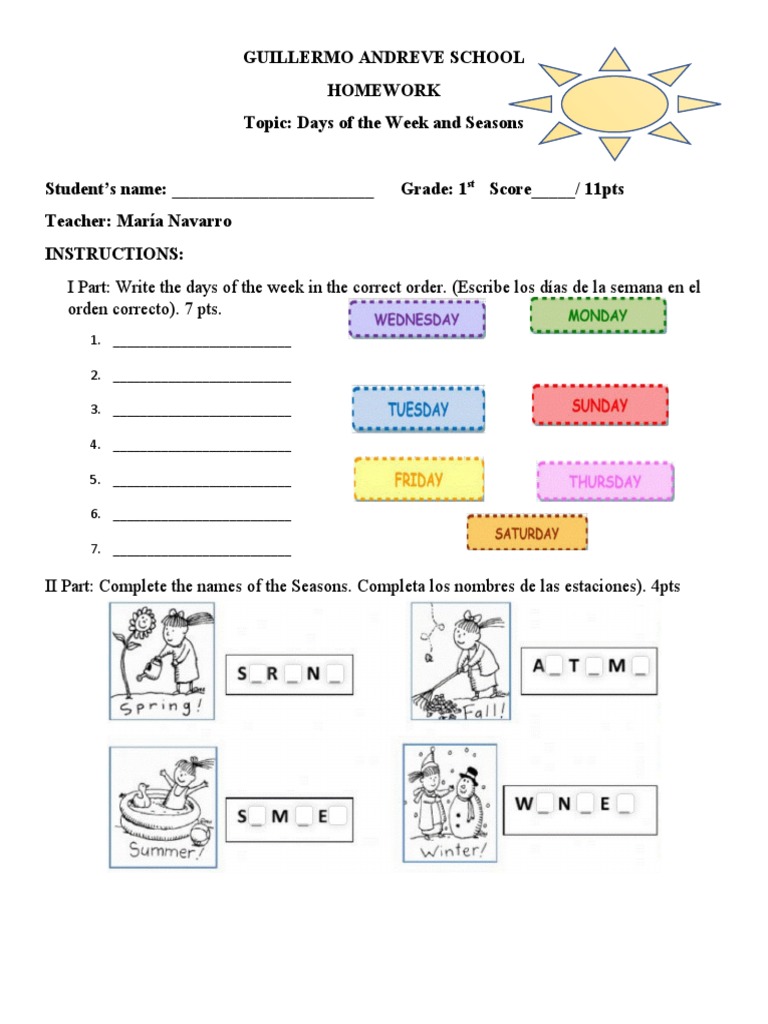 Guillermo Andreve School Homework Topic: Days of The Week and Seasons ...
