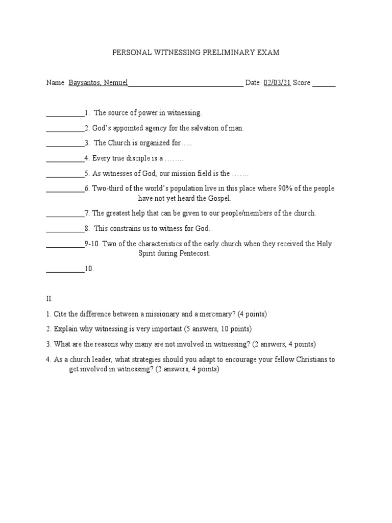 Personal Witnessing Exam Guide | PDF | God | Love