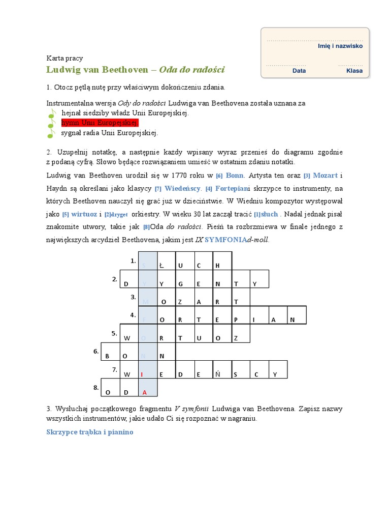 Karta Pracy 12 Ludwig Van Beethoven Oda Do Radosci | PDF
