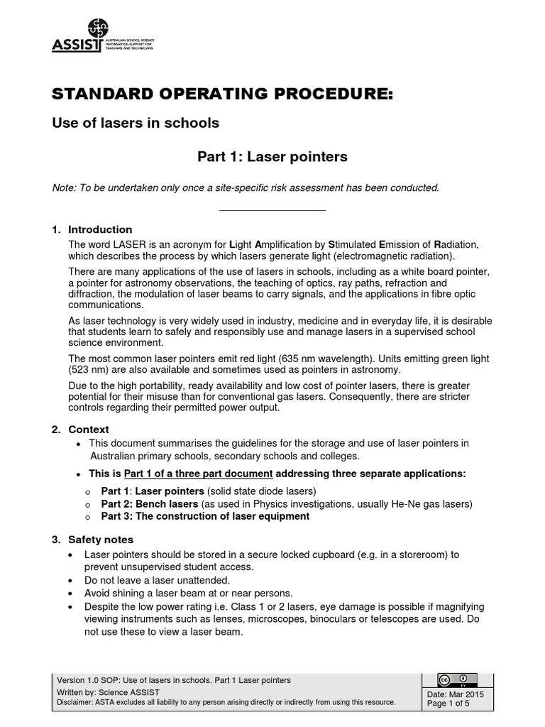 SOP Use of Lasers in Schools Part 1 Laser Pointers - 0 | PDF | Laser ...