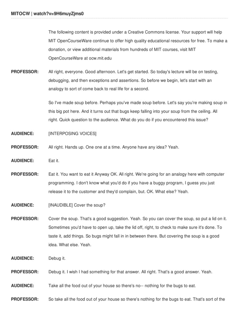 Mitocw - Watch?V 9H6Muyzjms0: Professor | PDF | Control Flow | Unit Testing