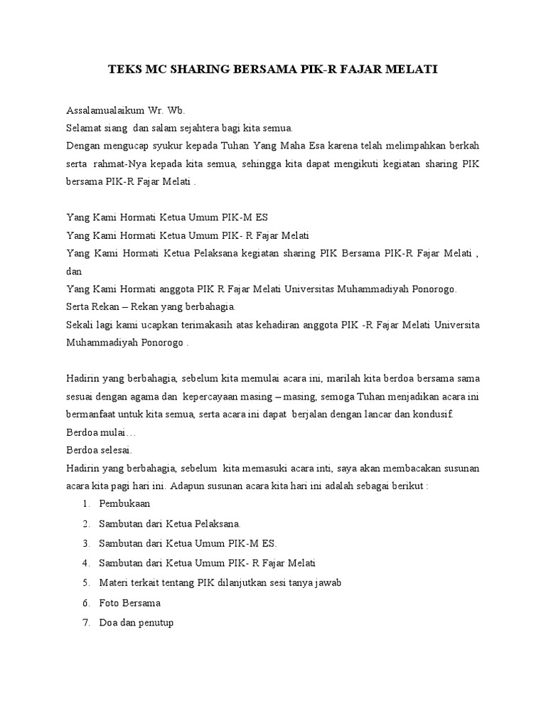 Teks MC Sharing Bersama Pik | PDF