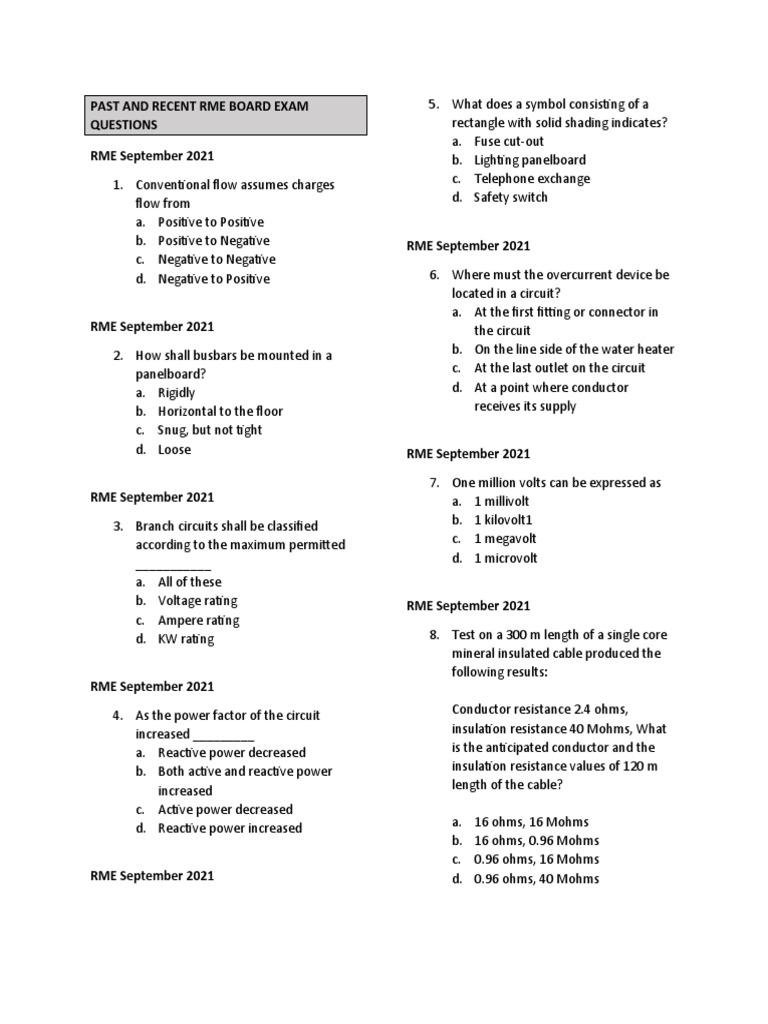 Past and Recent Rme Board Exam Questions | PDF | Volt | Electrical ...