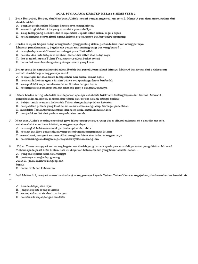 Soal PTS Agama Kristen SMP Kelas 8 Semester 2 | PDF