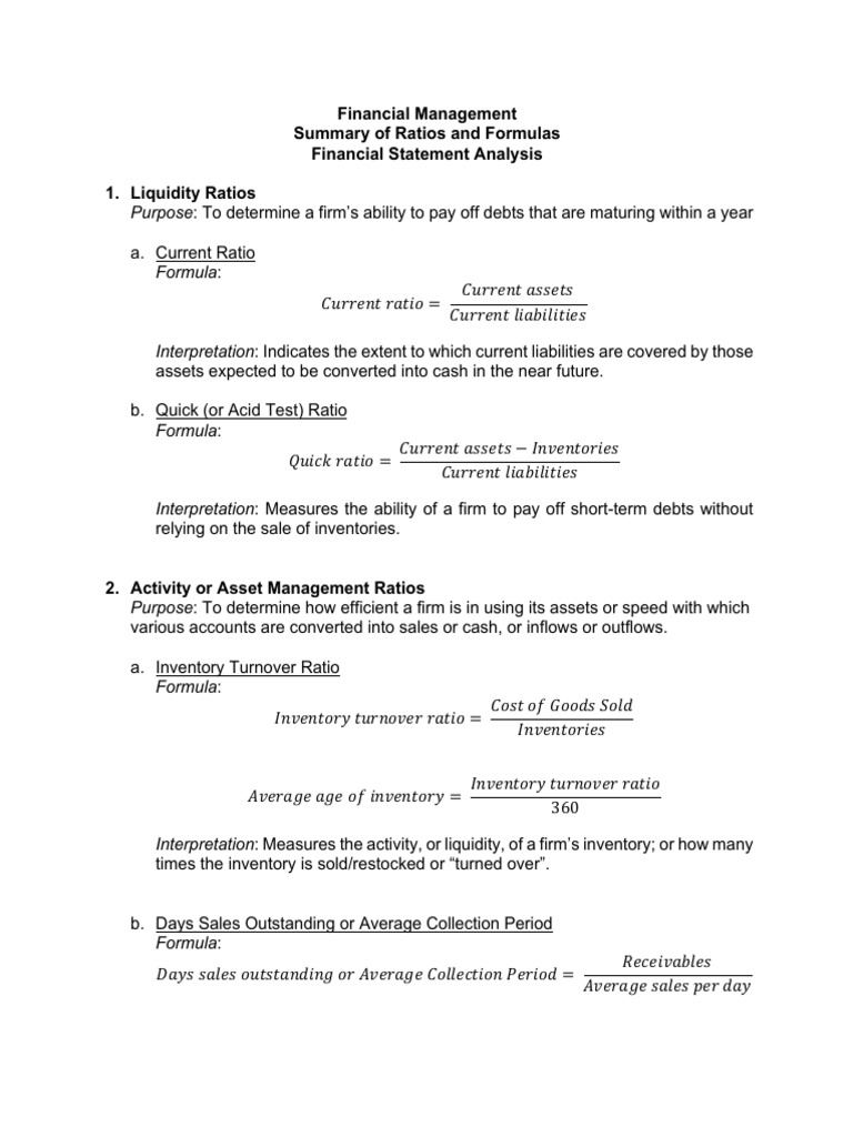 Financial Management Summary of Ratios and Formulas Financial Statement ...