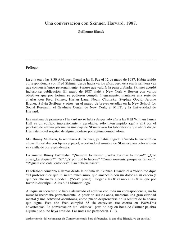 Conversación con Skinner en Harvard 1987 | PDF | Aprendizaje | Sicología