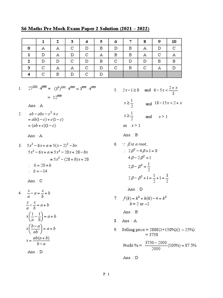 Grade 12 Maths Mock Exam Solutions | PDF | Trigonometry | Elementary ...