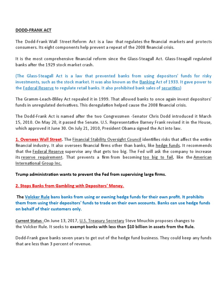 Dodd-Frank ACT: 1. Oversees Wall Street | PDF | Dodd–Frank Wall Street ...