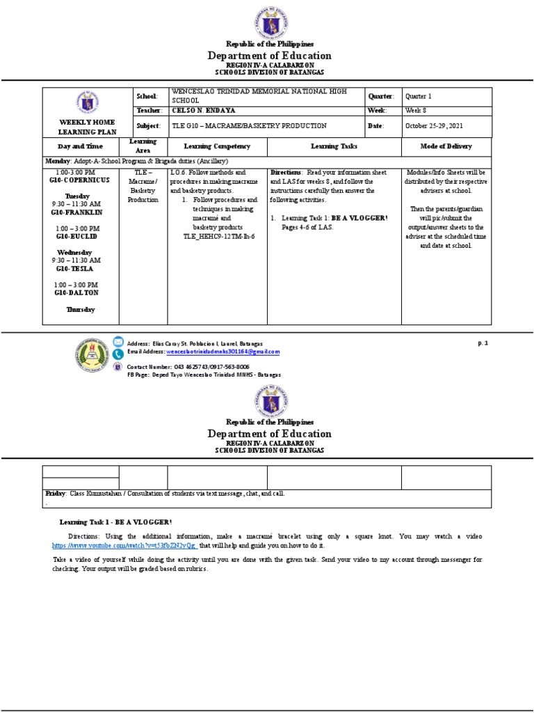 Week 8 Weekly Home Learning Plan TLE | PDF | Cognition | Learning