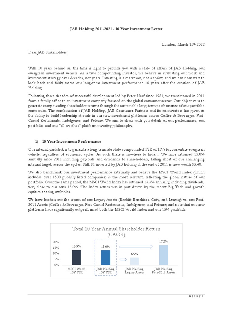 JAB Holding 2011-2021 - 10 Year Investment Letter | PDF | Brand | Investing