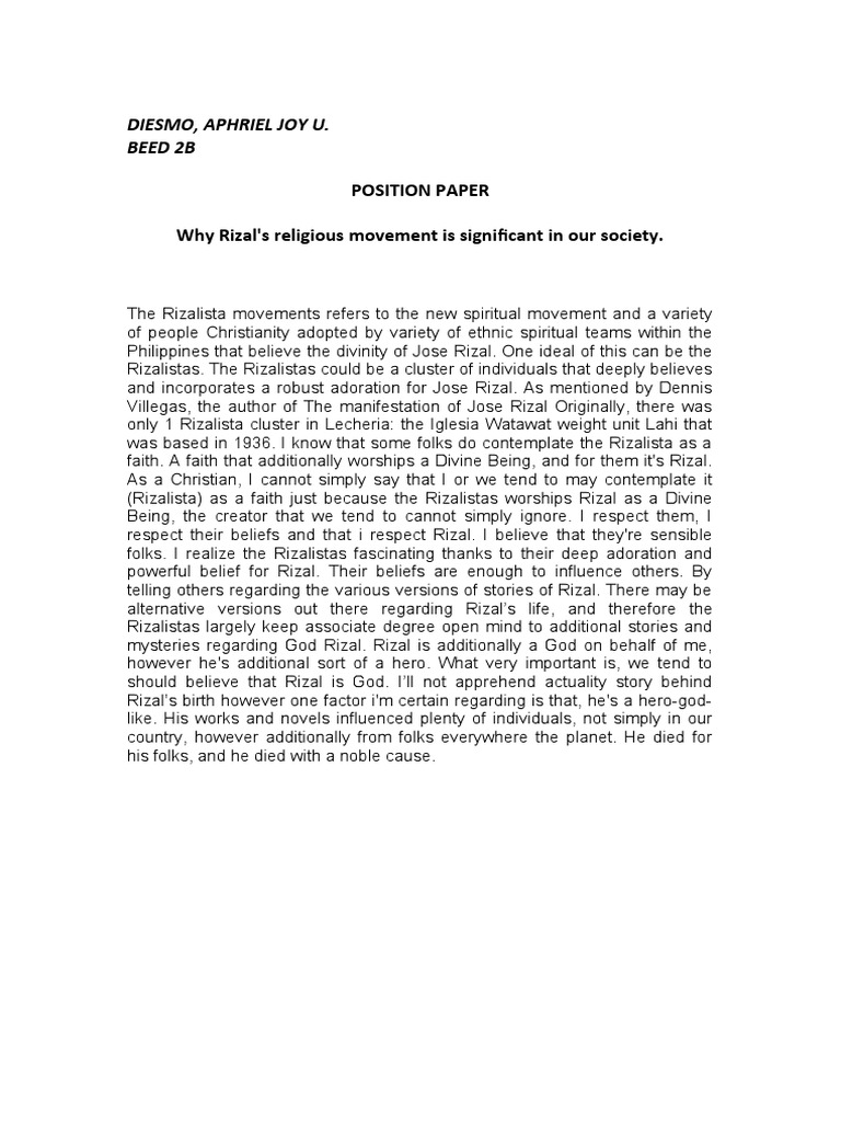 Position Paper Why Rizal's Religious Movement Is Significant in Our ...