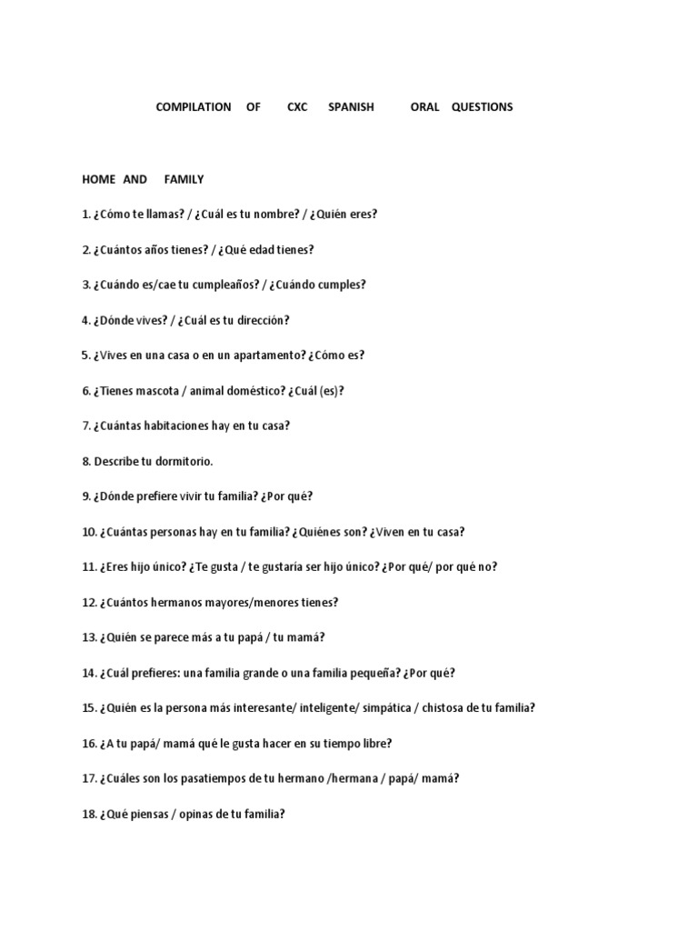 Compilation of CXC Spanish Oral Questions &answers | PDF | Relaciones ...