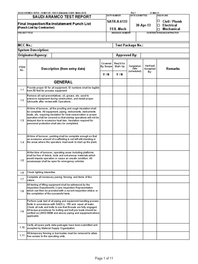 Saudi Aramco Test Report: Final Inspection/Re-Instatement Punch List ...