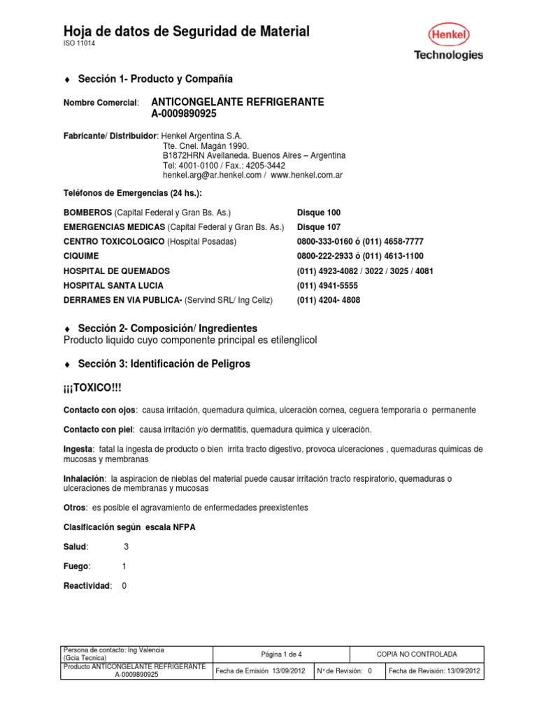 A0009890925 - MSDS - Anticongelante-Refrigerante Henkel - A-0009890925 ...